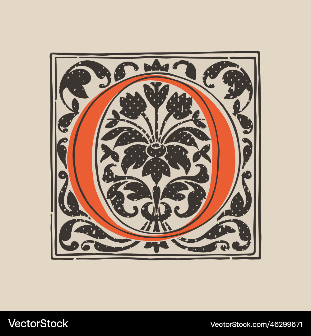 O letter drop cap logo in medieval engraving Vector Image