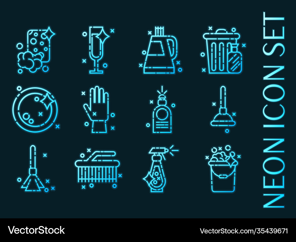 Set cleaning blue glowing neon icons Royalty Free Vector