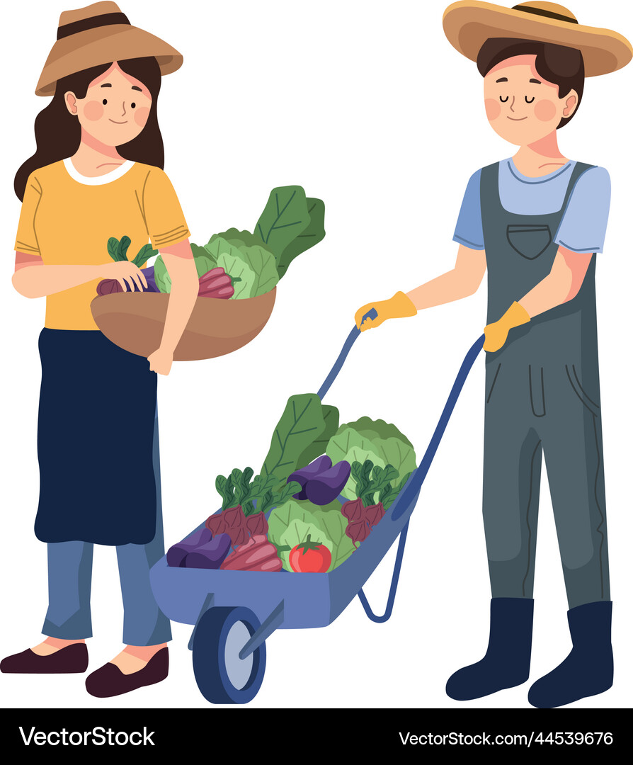 Farmers with vegetables in wheelbarrow Royalty Free Vector