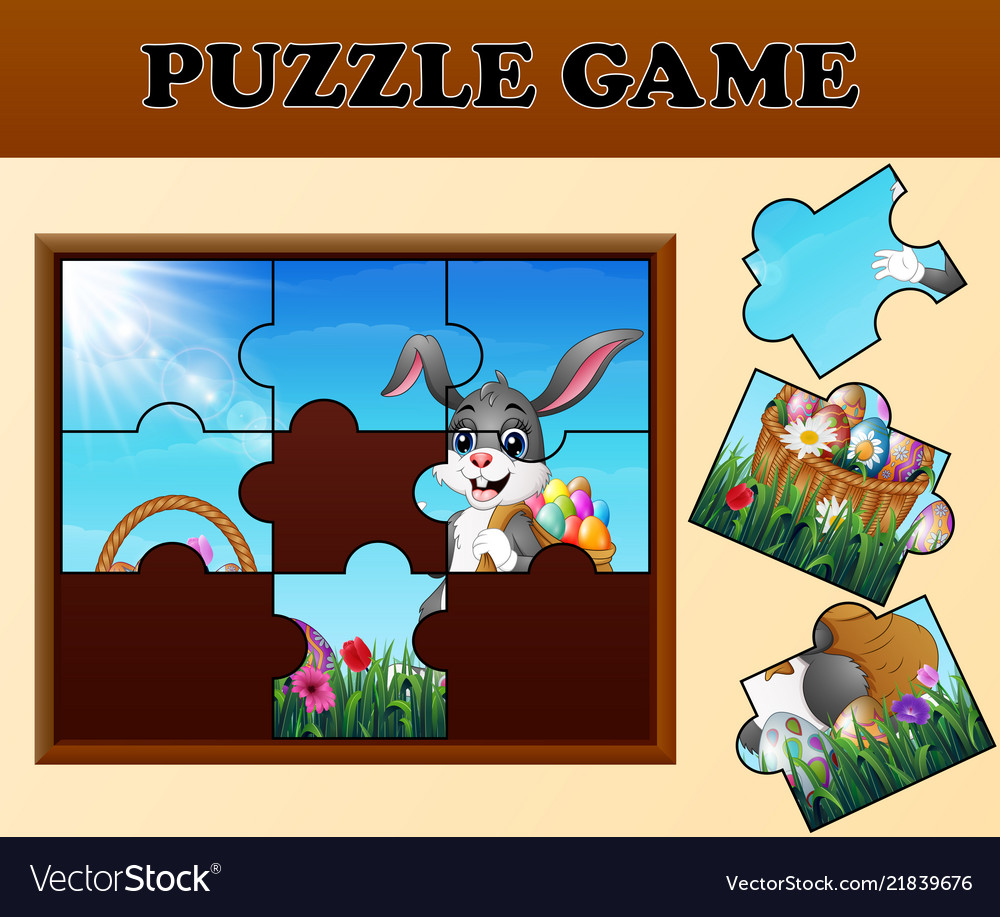 Jigsaw puzzle game with happy easter bunnies Vector Image