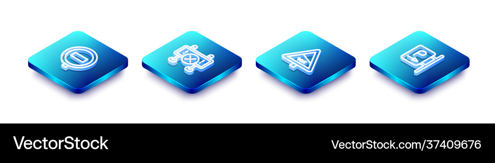 Set isometric line stop sign road barrier steep Vector Image