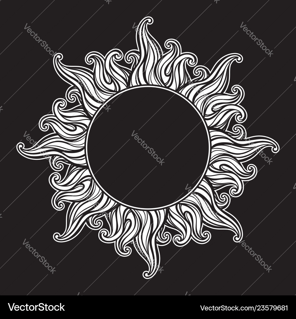 Hand drawn etching style frame in a shape of sun Vector Image