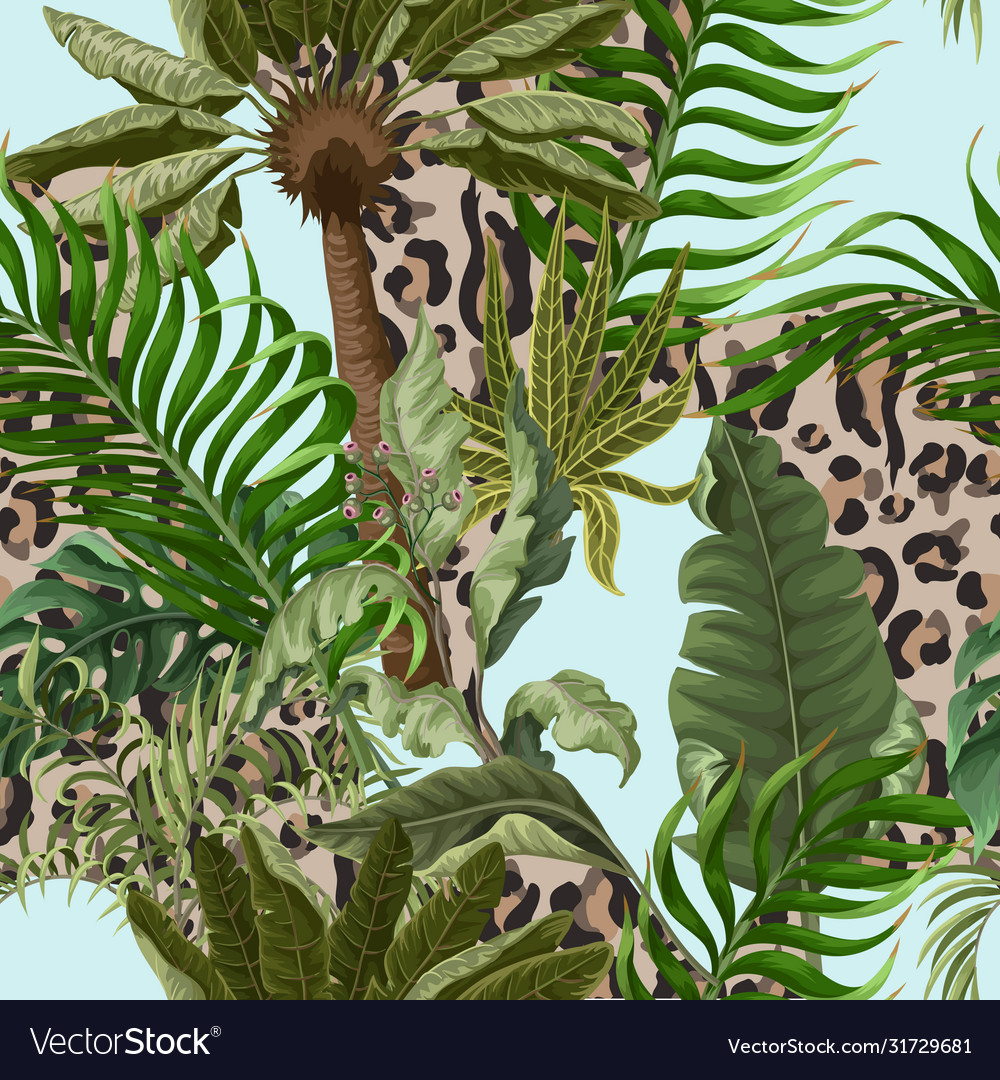 Seamless leopard skin pattern with tropical leaves