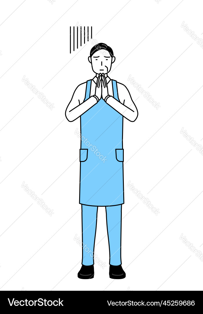 A senior man in an apron apologizing with his Vector Image
