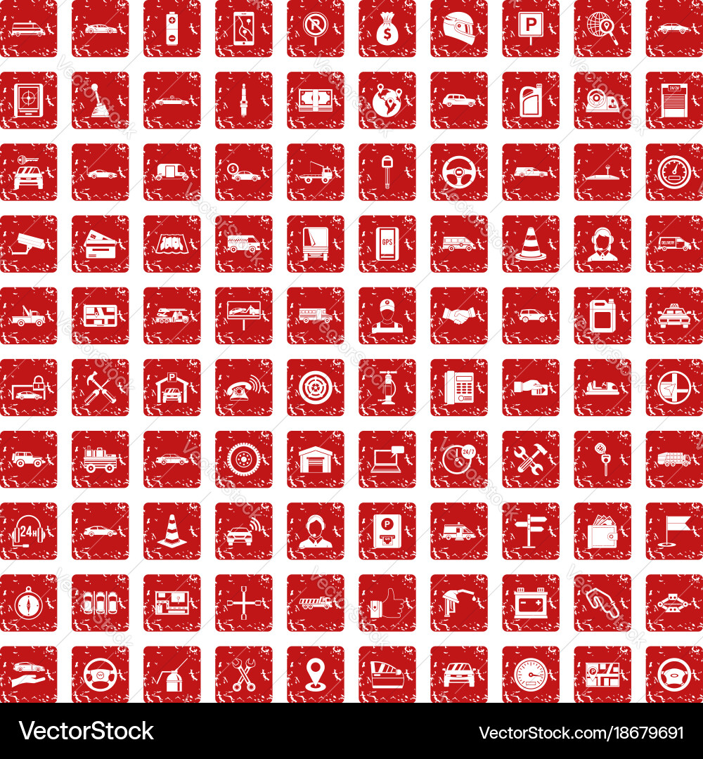 100 auto icons set grunge red Royalty Free Vector Image