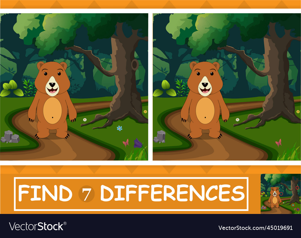 Bear on a deep forest find 7 differences educati Vector Image