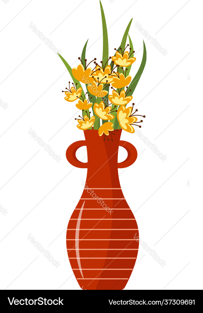Ceramic clay vase with yellow flowers Royalty Free Vector