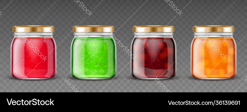 Jam jars glass containers with fruit jelly set Vector Image