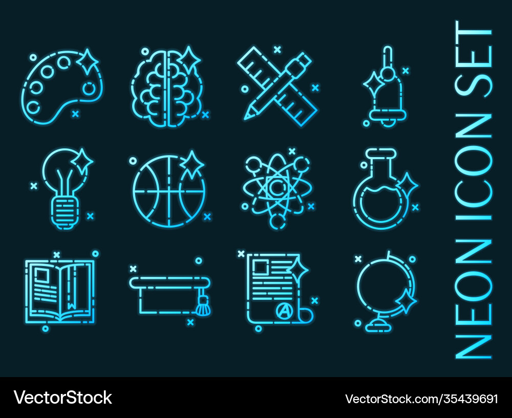 Set education blue glowing neon icons Royalty Free Vector