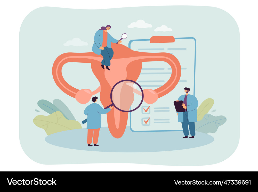 Tiny doctor cartoon characters examining female Vector Image