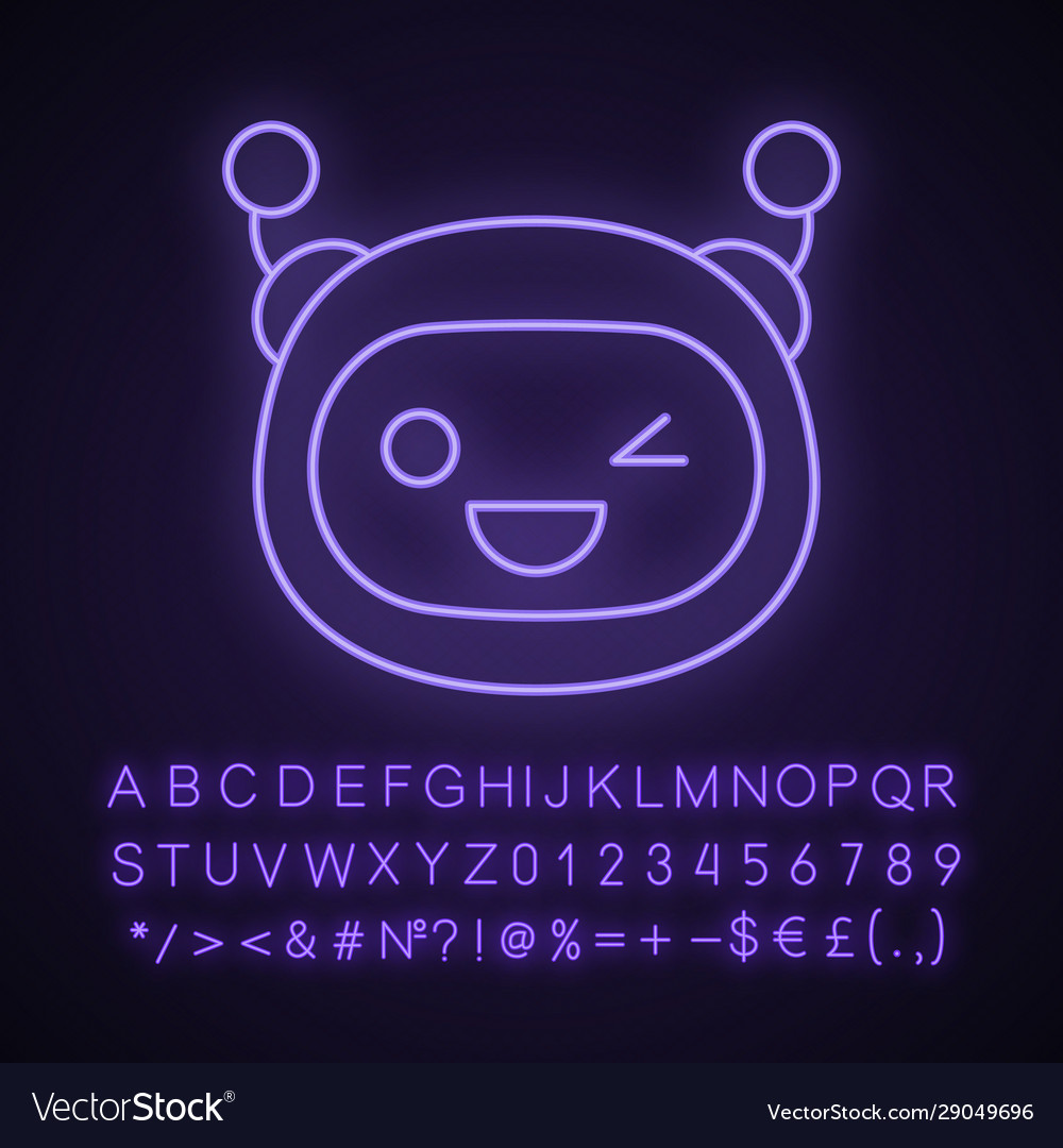 Winking robot emoji neon light icon Royalty Free Vector