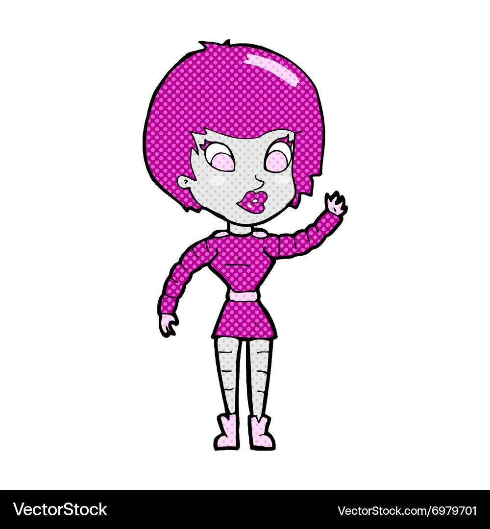Comic cartoon robot woman waving Royalty Free Vector Image