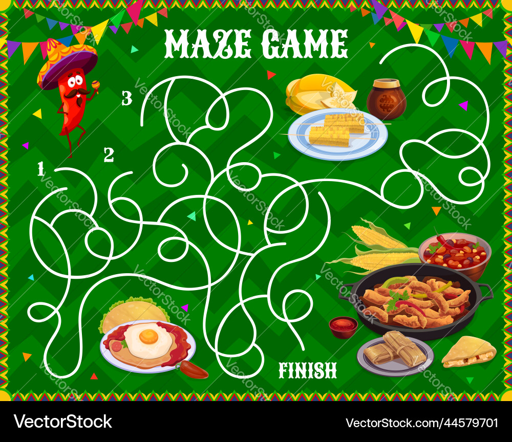 Labyrinth maze game mexican food worksheet Vector Image