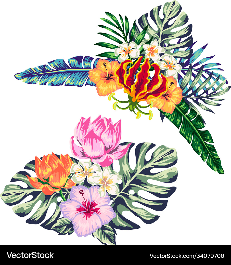 Tropical collection with exotic flowers Royalty Free Vector