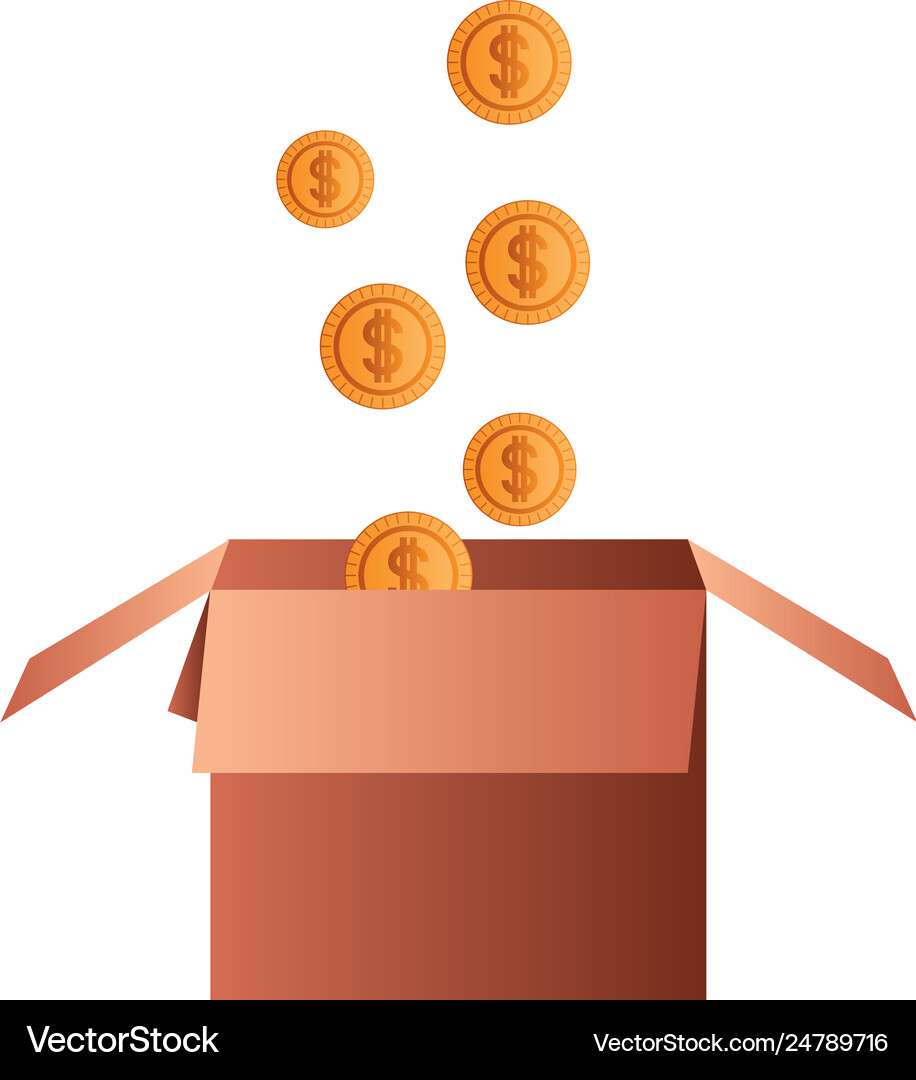 Coins falling into a cardboard box isolated icon Vector Image