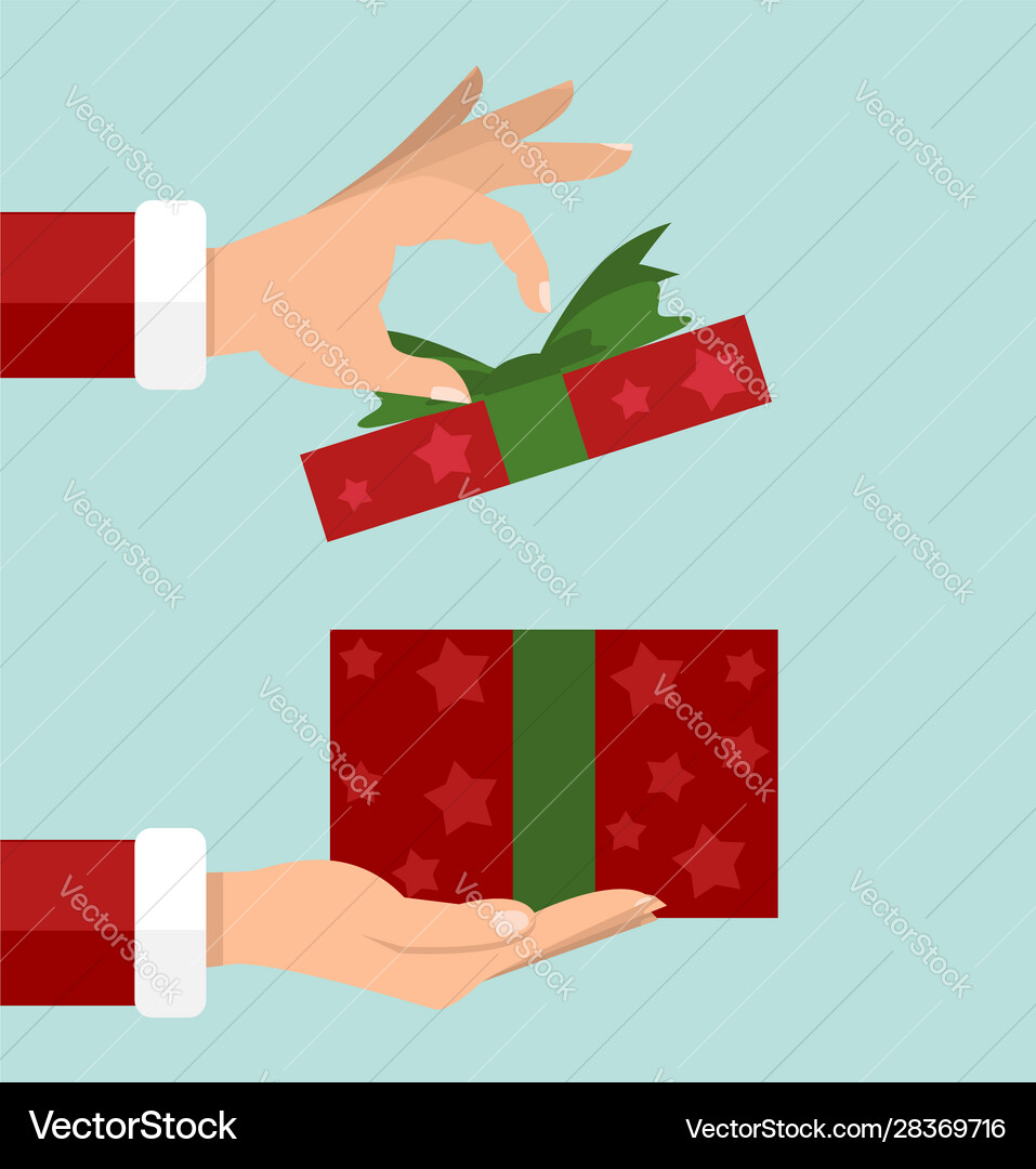 Hands santa claus holding open red gift box Vector Image