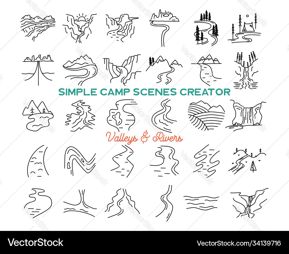 Simple mountains valleys and rivers icons Vector Image