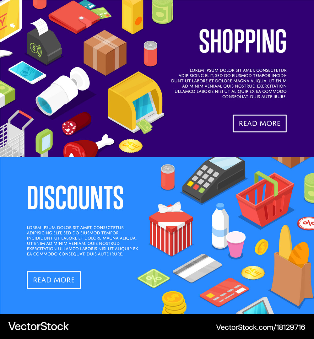 Supermarket shopping isometric posters set Vector Image