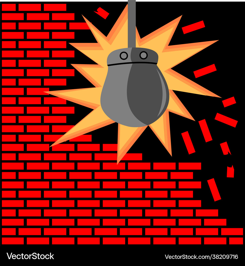 Wrecking ball smashing into a brick wall Vector Image