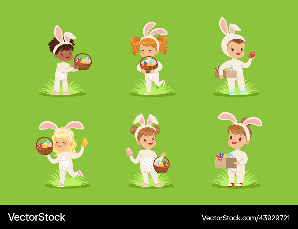 Easter with smiling children in bunny costume Vector Image