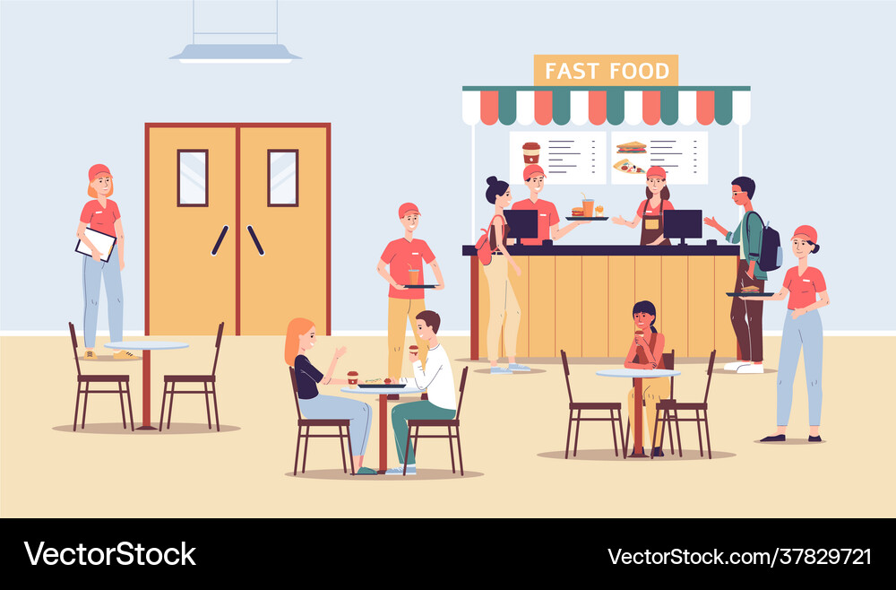 Fast food restaurant with workers and visitors Vector Image