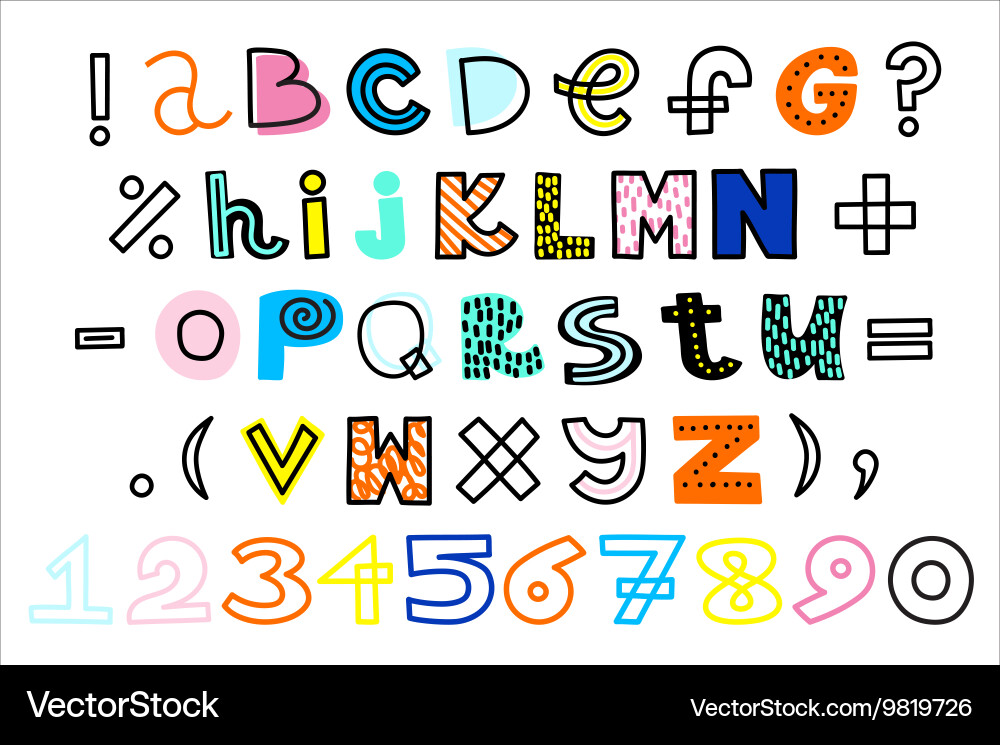 Hand drawn alphabet and numbers funky Royalty Free Vector