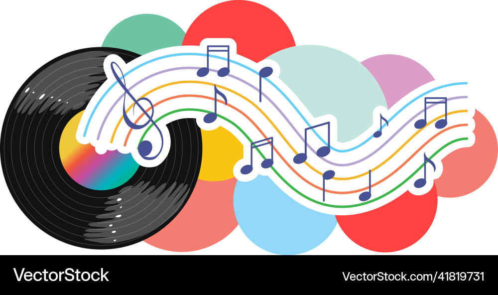 Music notes rainbow colourful with vinyl record Vector Image