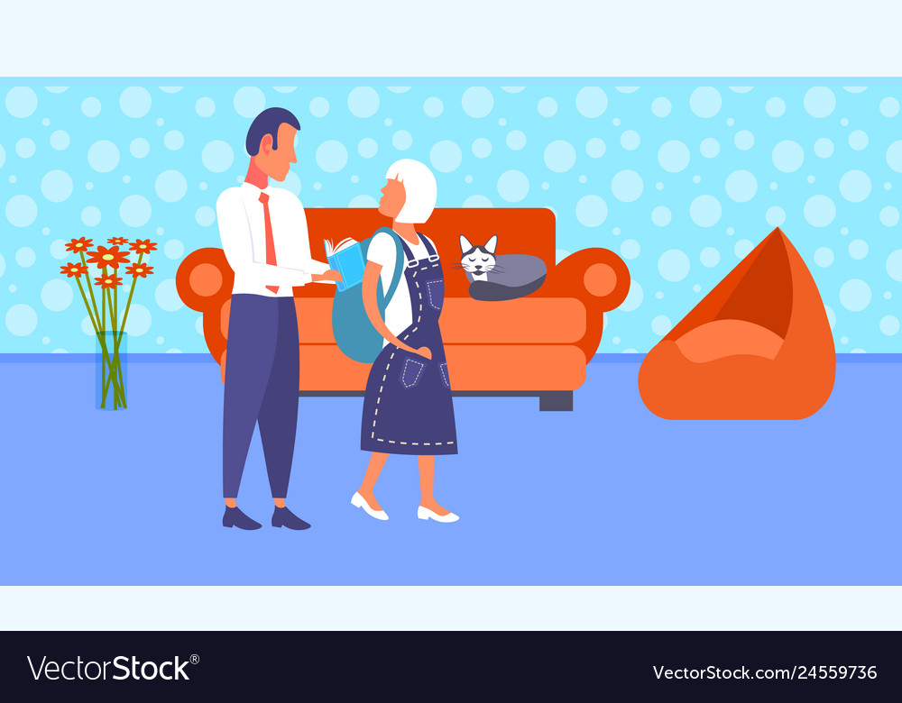 Father helping little daughter packing backpack Vector Image Father helping little daughter packing backpack Vector Image