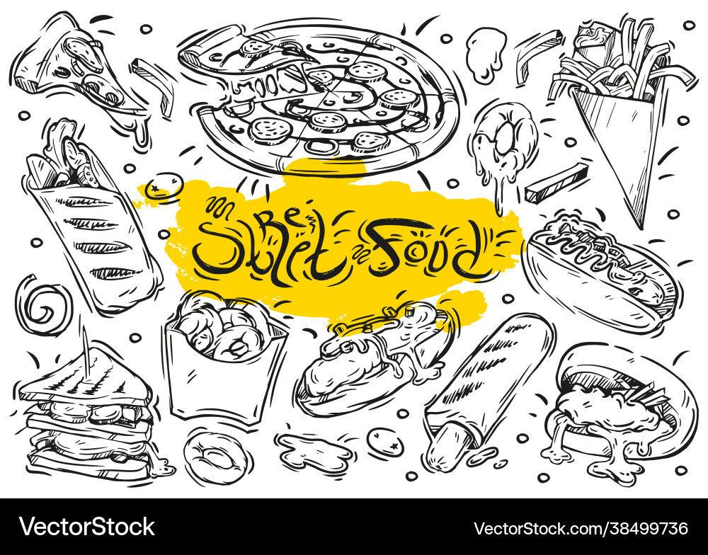 Hand drawn line collection fast food Royalty Free Vector