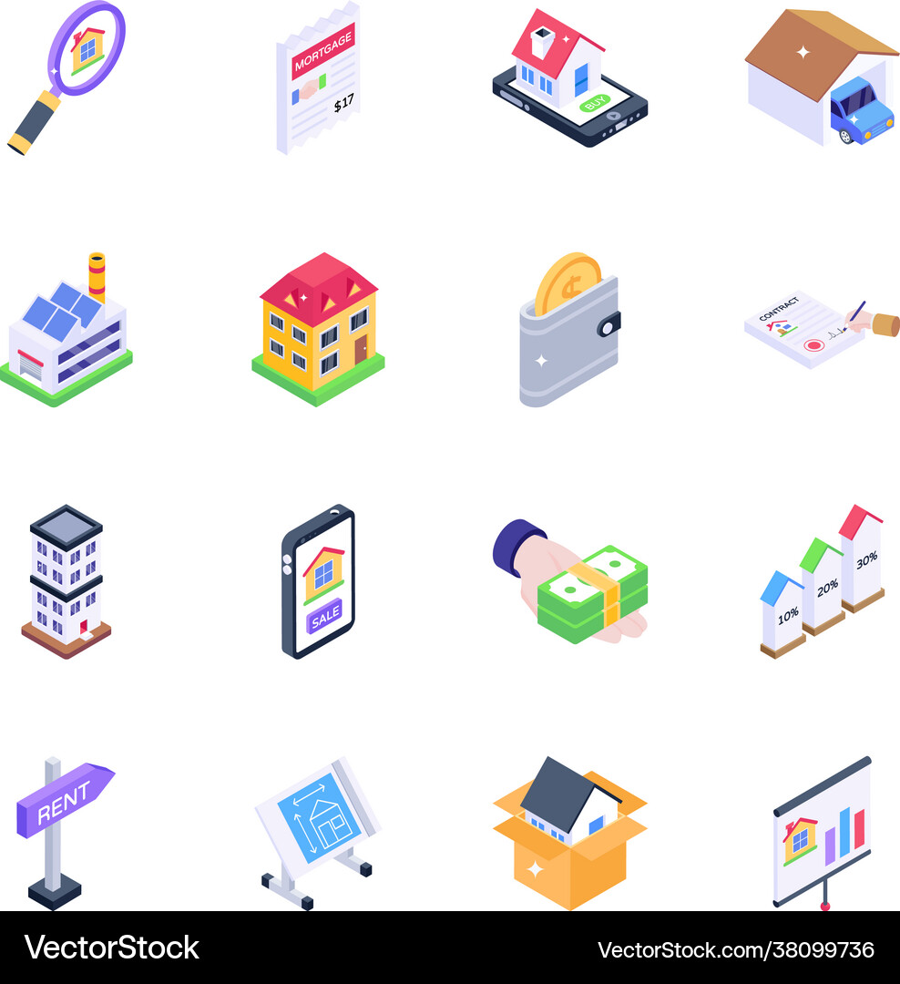 Pack estate agreements isometric icons Royalty Free Vector