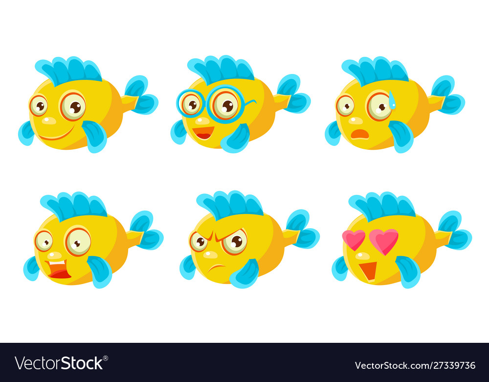 Yellow fish with different emotions set cute sea Vector Image