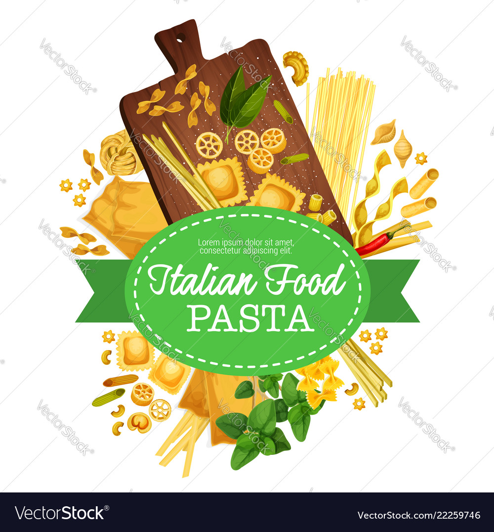 Italian pasta food linguini and homemade ravioli Vector Image