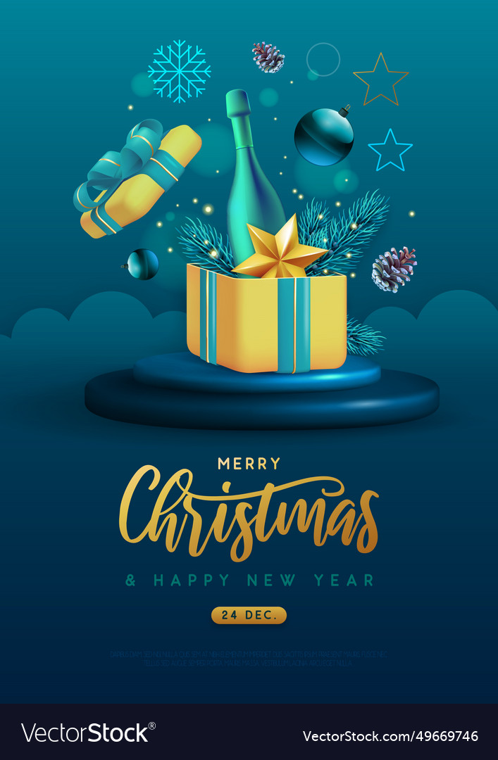 Merry christmas holiday poster with 3d champagne Vector Image