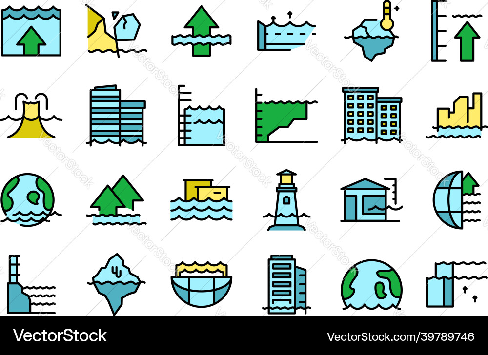 Sea level rise icons set flat Royalty Free Vector Image