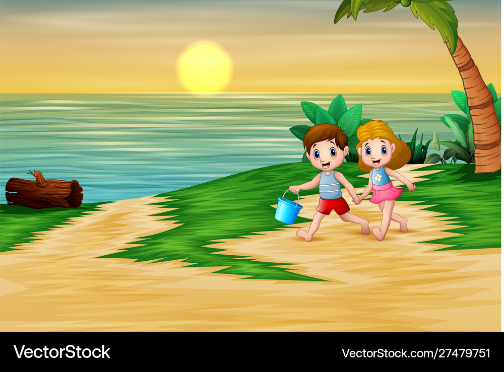 Happy children playing on sea side Royalty Free Vector Image