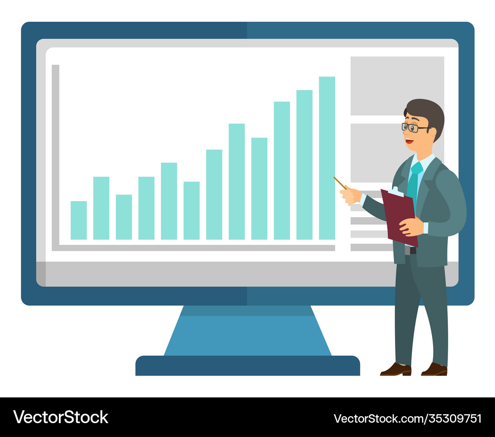 Presenter and computer worker and graph Royalty Free Vector
