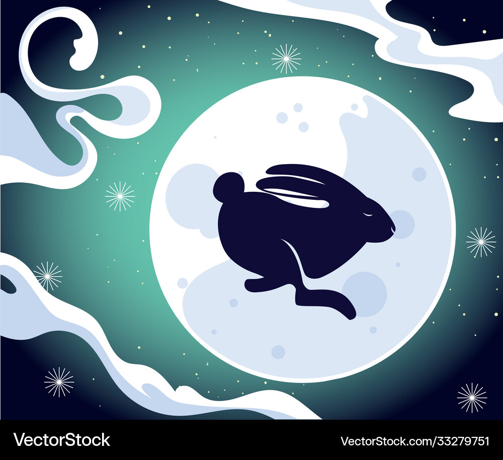 Rabbit on moon with clouds and stars happy mid Vector Image