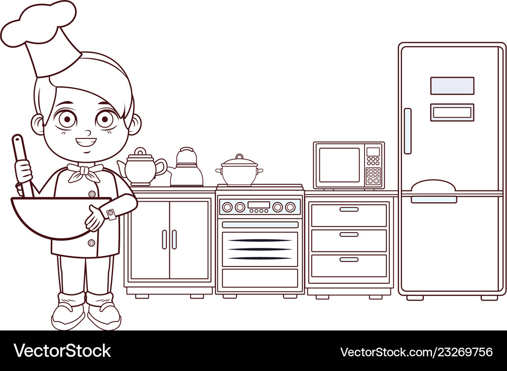 Chef boy cartoon brown lines Royalty Free Vector Image