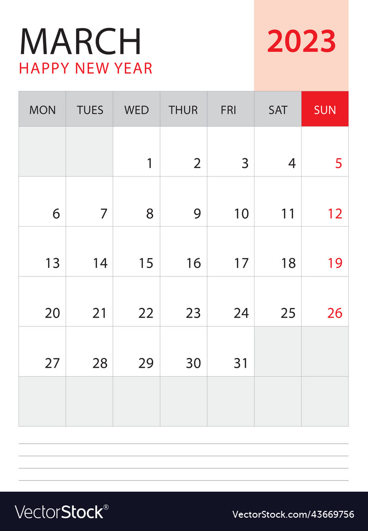 March 2023-calendar 2023 template Royalty Free Vector Image