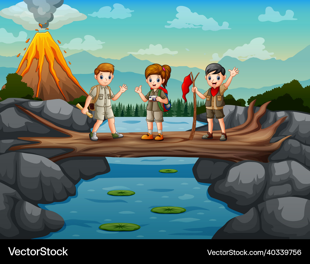 Scouts crossing the river on tree trunk bridge Vector Image