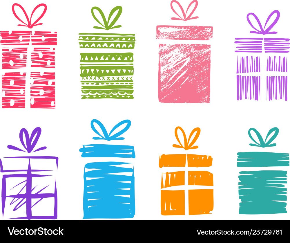 Gift boxes with bow set icons doodle Royalty Free Vector
