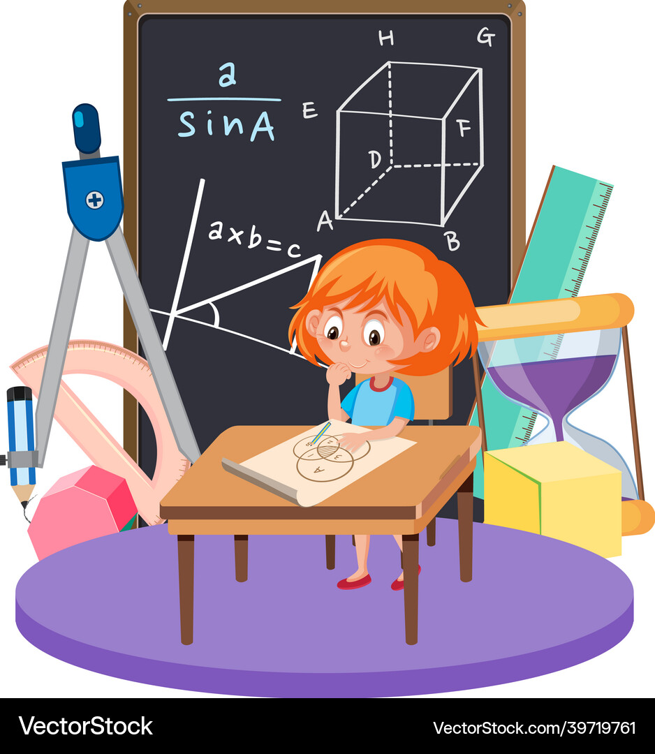 Girl learning math with symbol and icon Royalty Free Vector