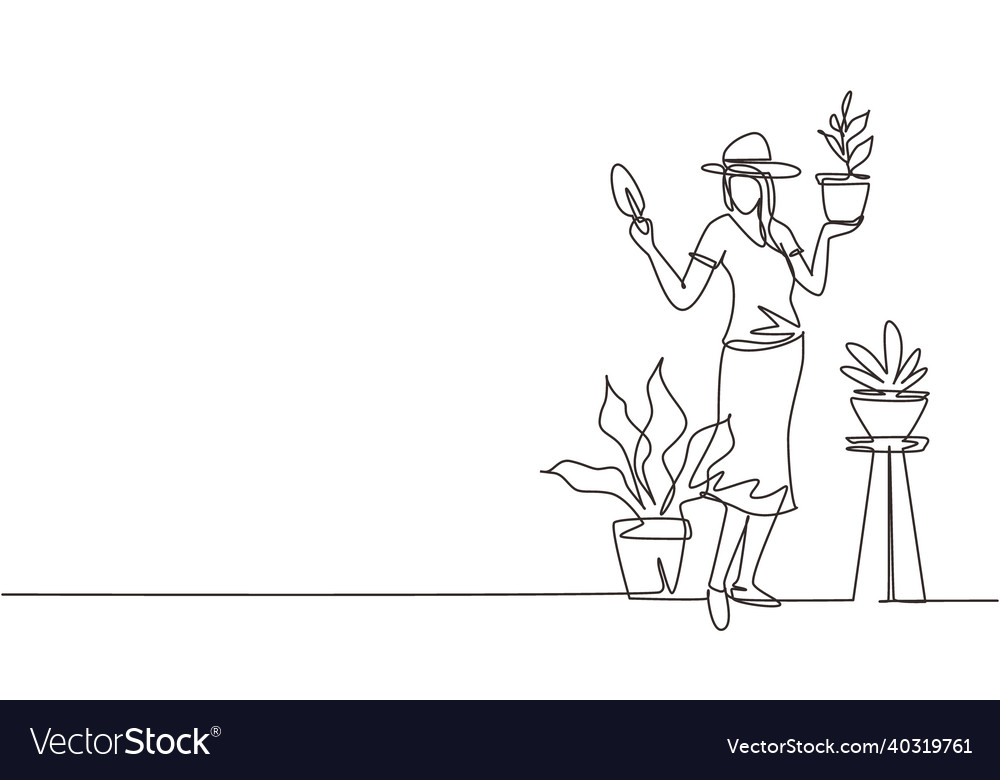 Single One Line Drawing Woman Gardener Florist Vector Image