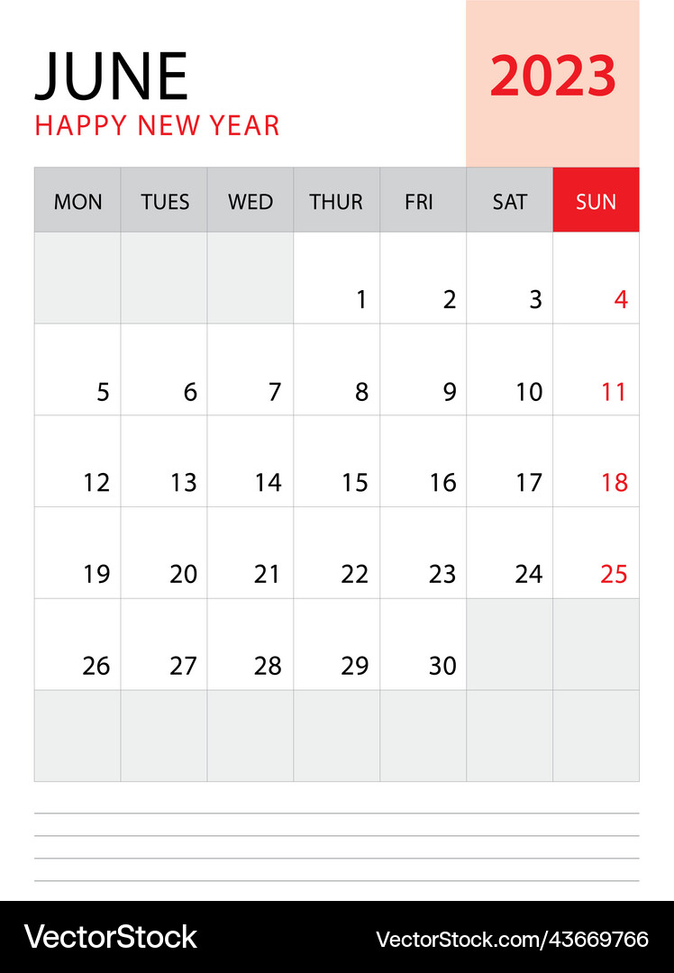 June 2023-calendar 2023 template Royalty Free Vector Image