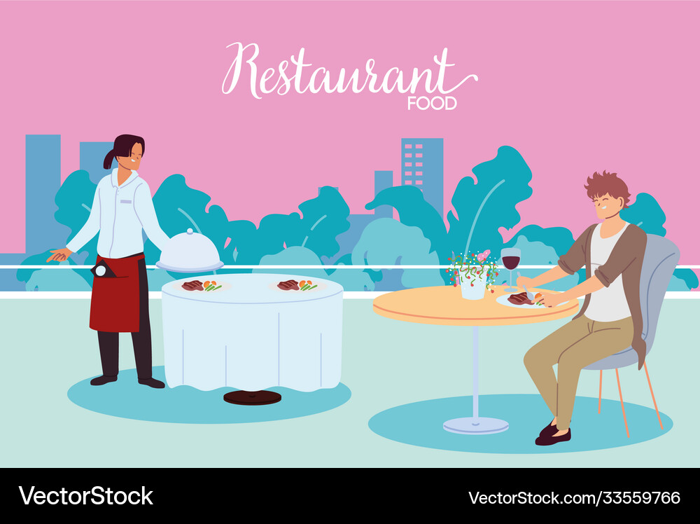 Man dining in restaurant and waiter serving Vector Image