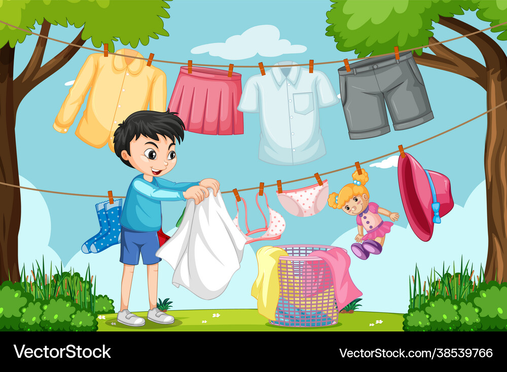 Outdoor scene with a boy hanging clothes Vector Image