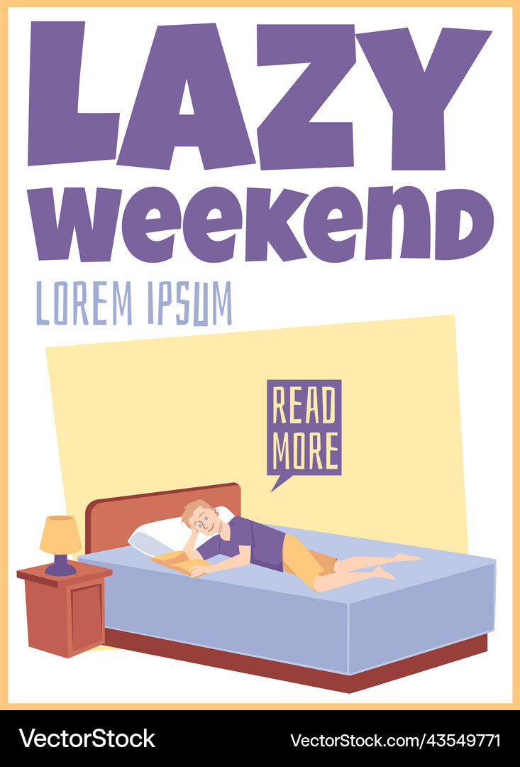 Lazy weekend banner design with man lying in bed Vector Image