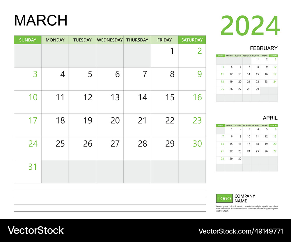 March 2024 year calendar planner 2024 template Vector Image
