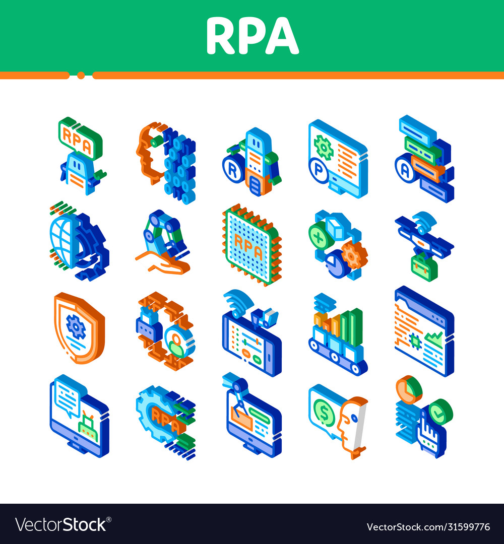 Rpa robotic process automation isometric icons set