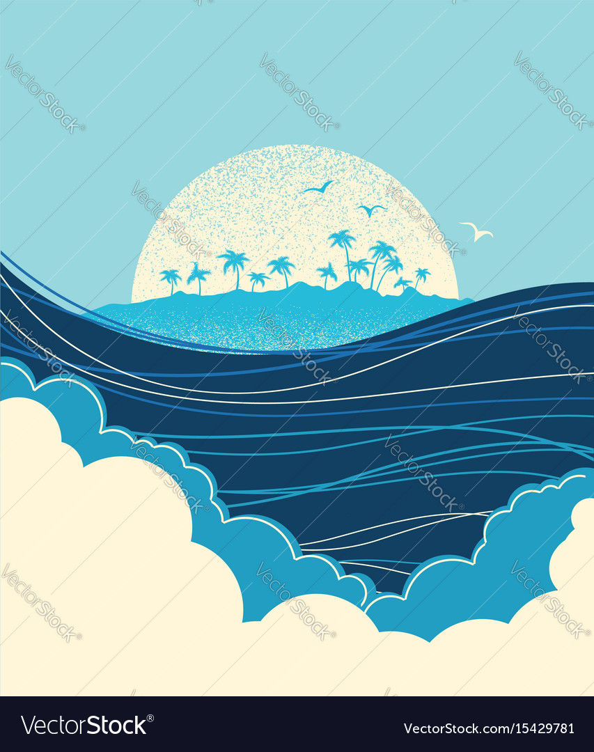 Big ocean waves and tropical island blue Vector Image
